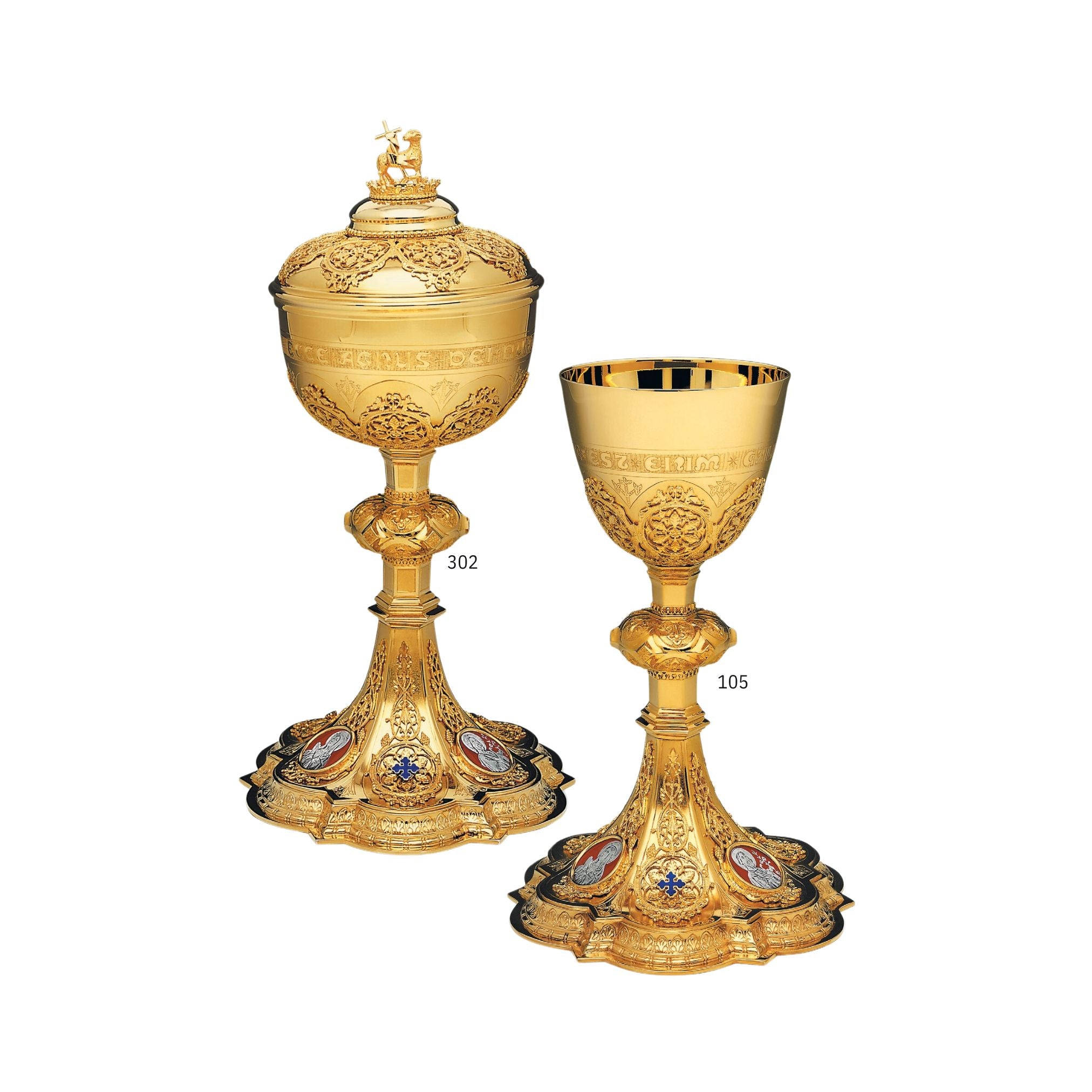 Chalice and Ciborium set in neo-gothic style with medallions of the ...