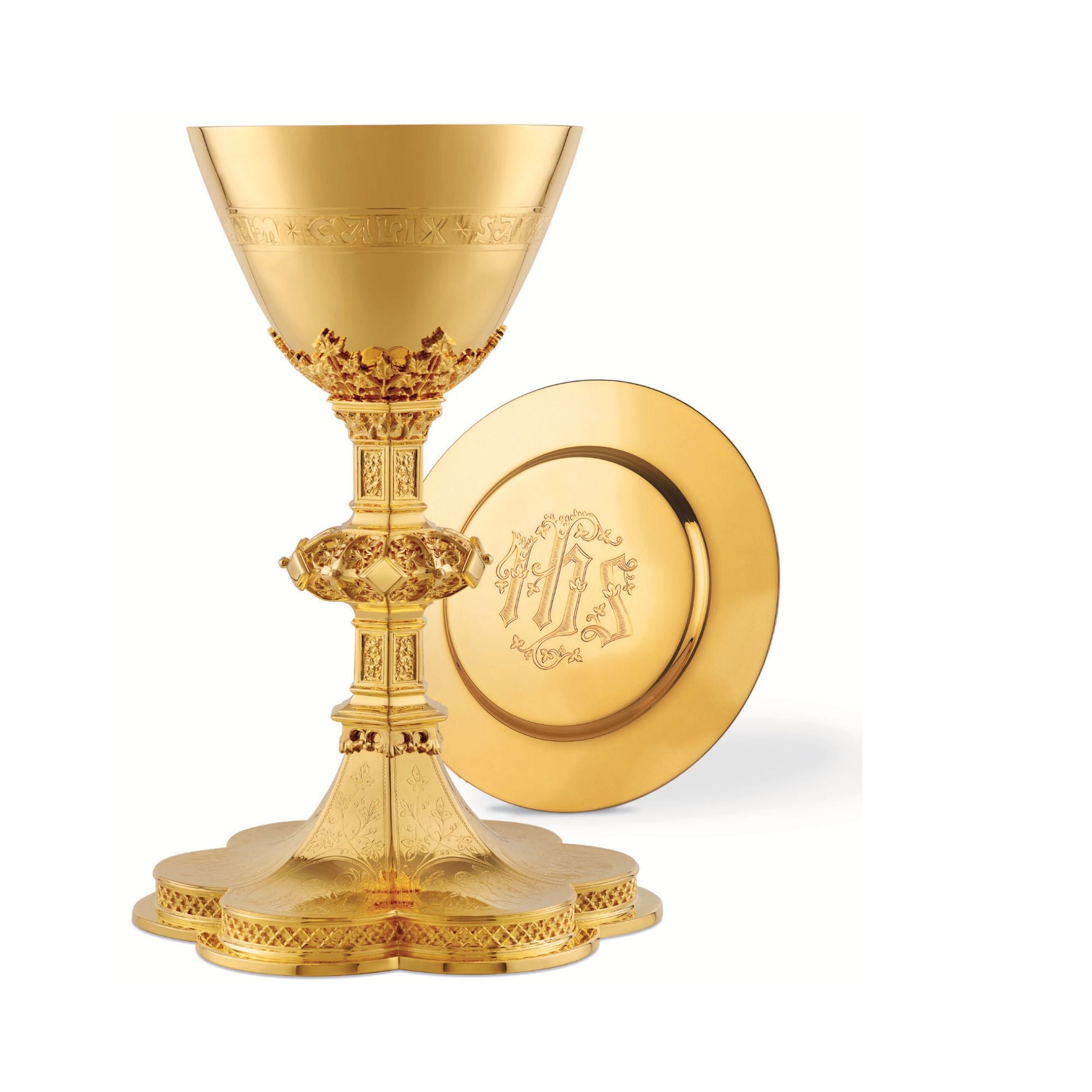 Chalice & Dish Paten in neo-gothic style with scenes from the Old Te ...