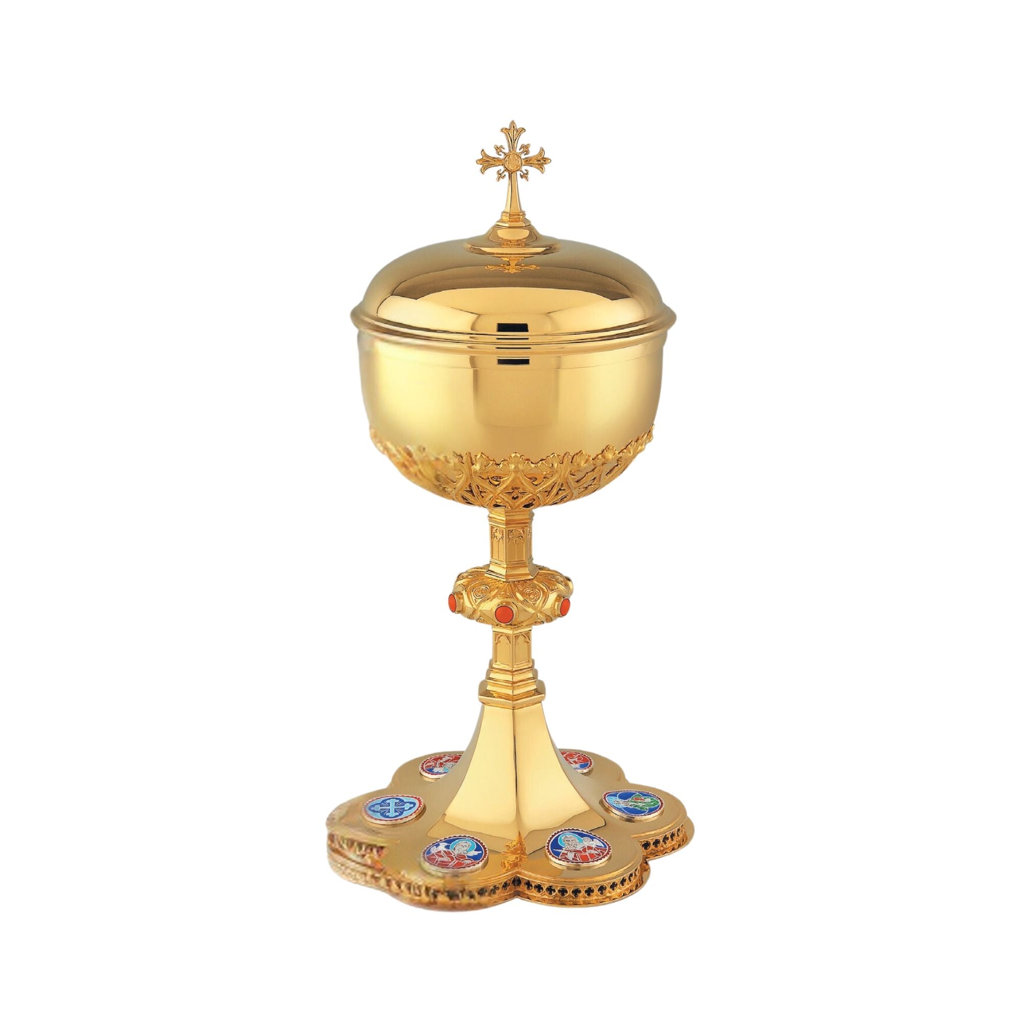 Ciborium in neo-gothic style with enameled medallions of Jesus, the ...