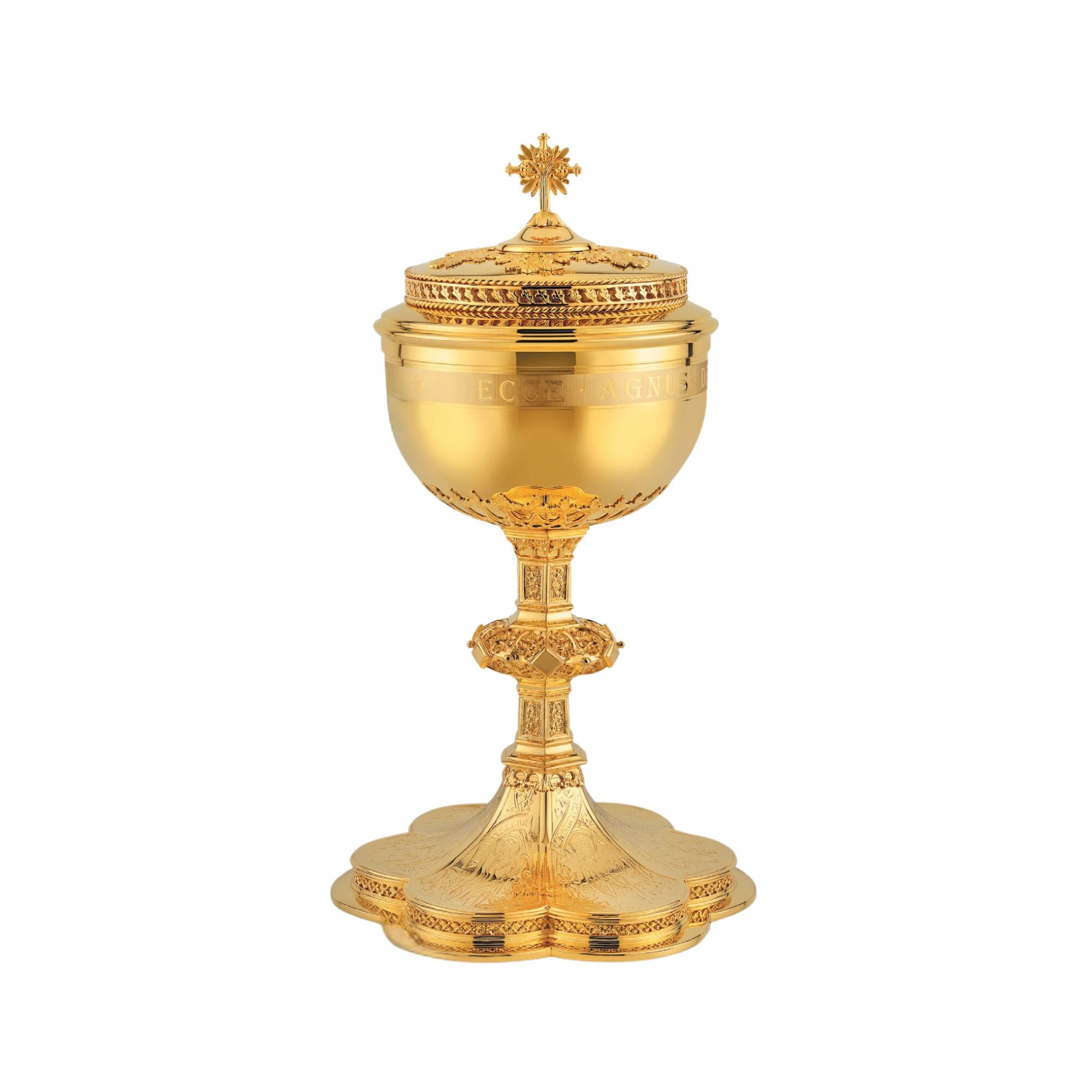 Ciborium in neo-gothic style with engraved images saints and cup ...
